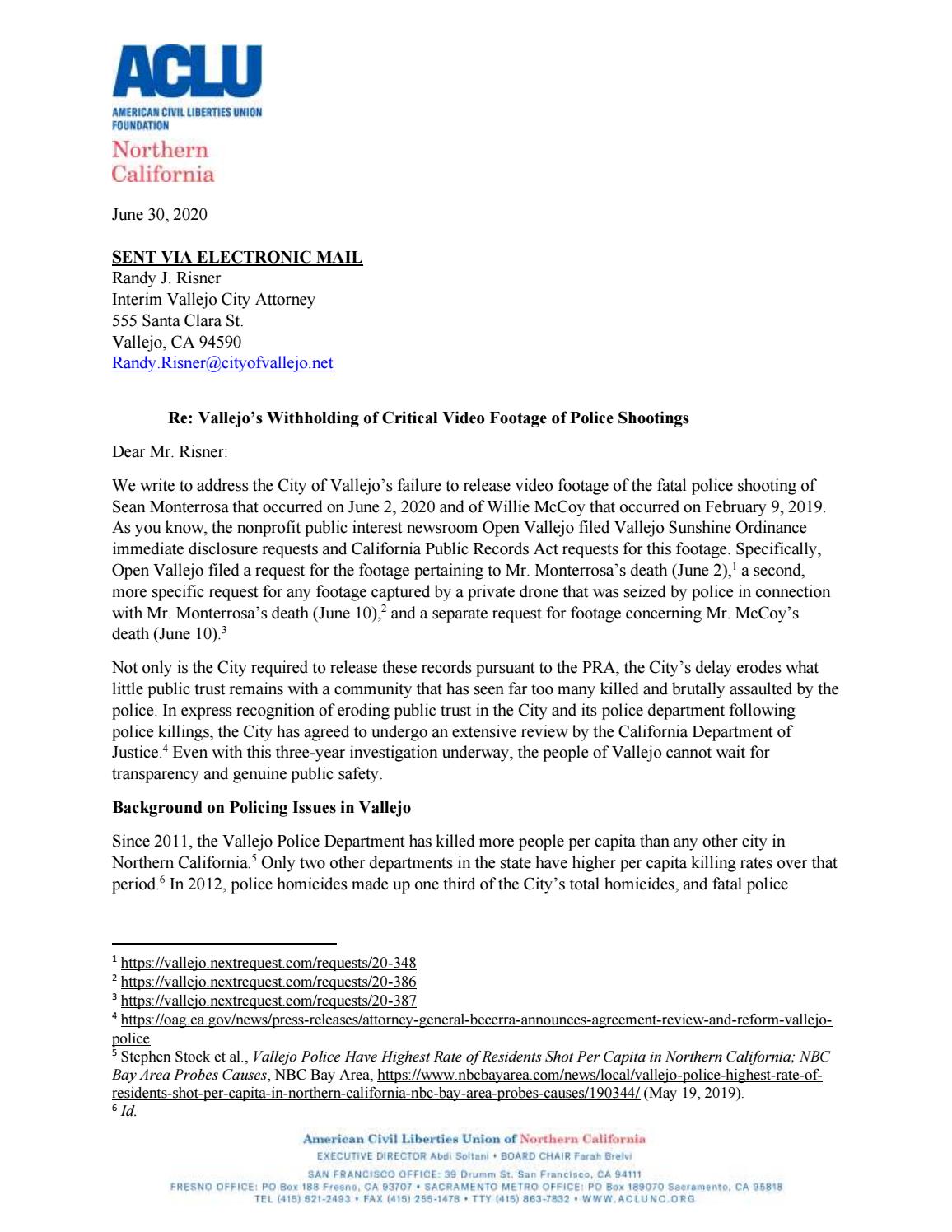 ACLU June 30th letter to the City of Vallejo and the City's response by ...