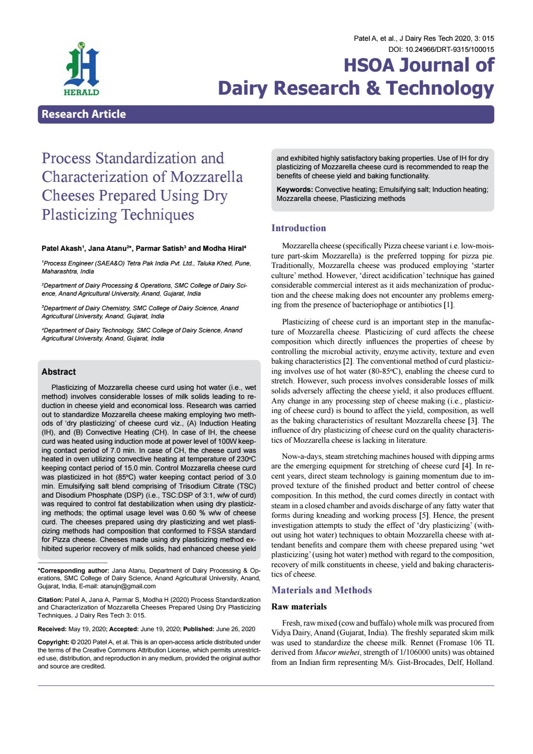 Process Standardization and Characterization of Mozzarella Cheeses ...