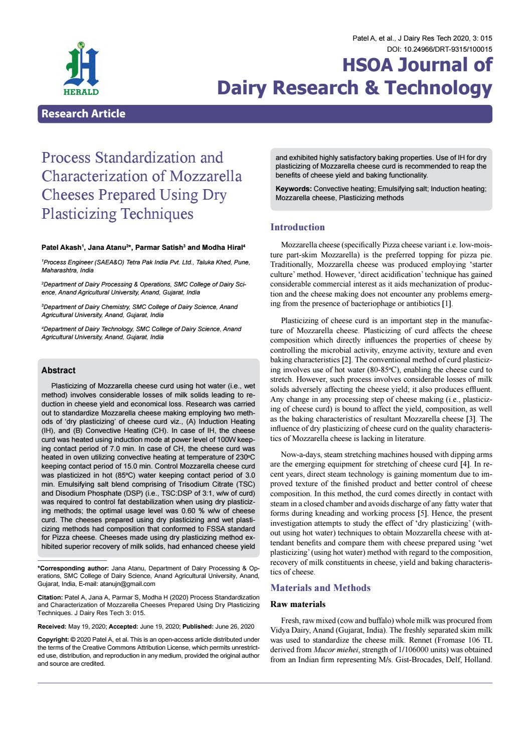 Process Standardization and Characterization of Mozzarella Cheeses ...