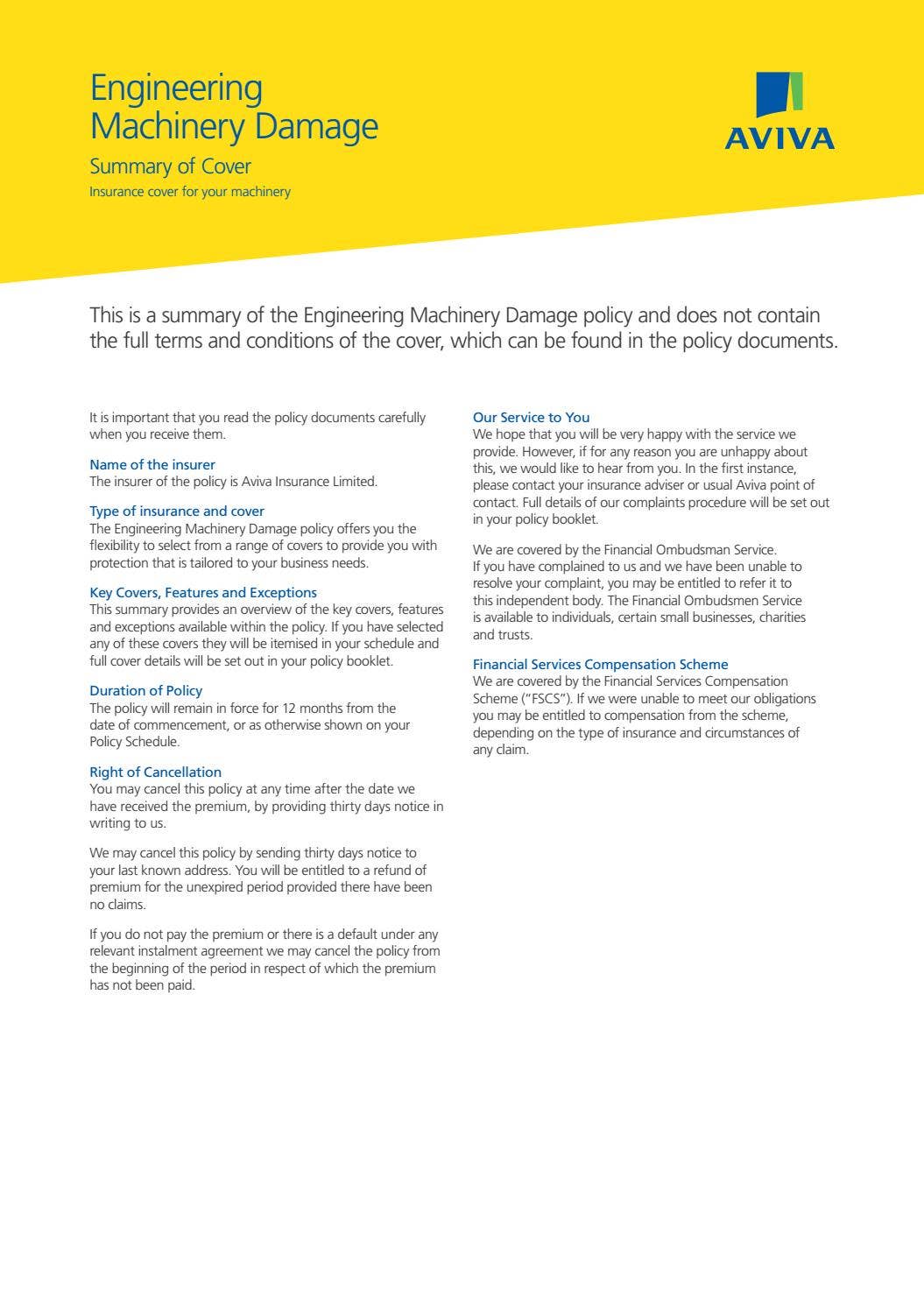 Aviva Machinery Breakdown Summary of Cover by Residentsline - Issuu