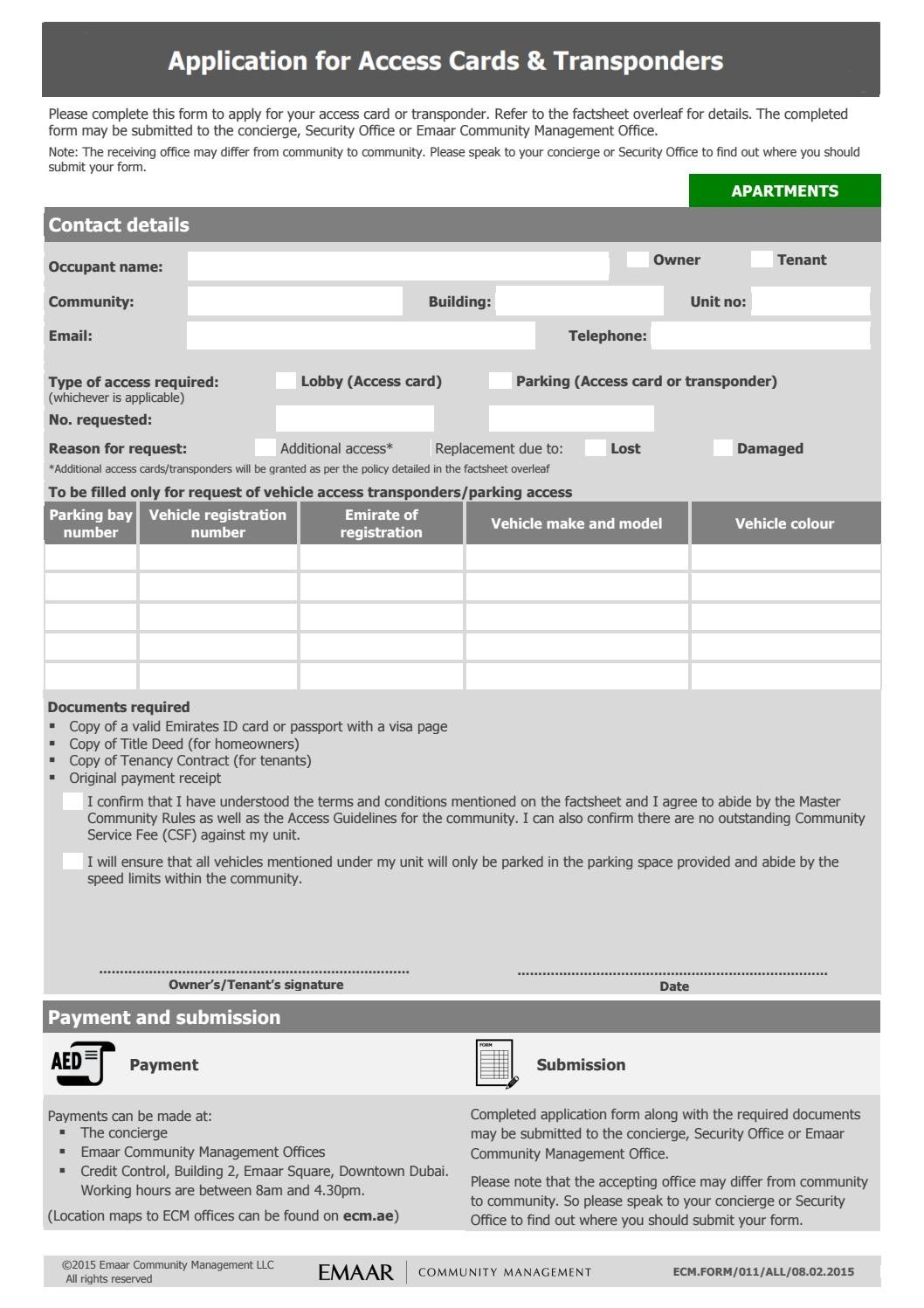 Vehicle Access Card Application Apartments by Emaar Community ...