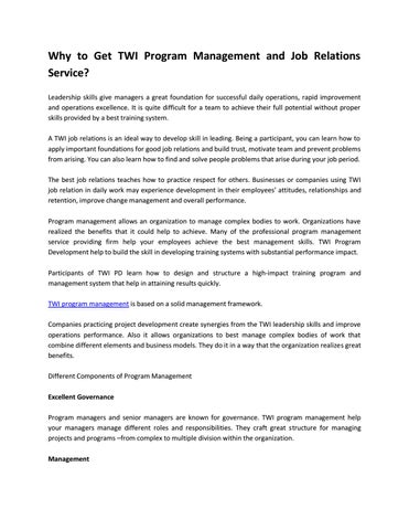 Avail the TWI Program Management and Job Relations Service by TWI Guru ...