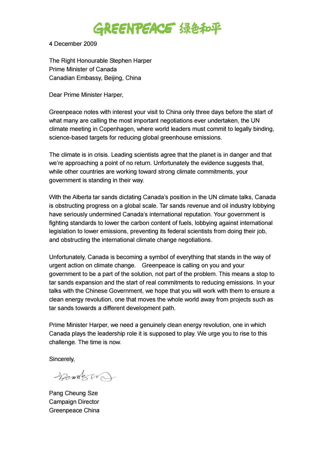Letter to Canadian Prime Minister Stephen Harper｜Greenpeace by 綠色和平東亞分部 ...