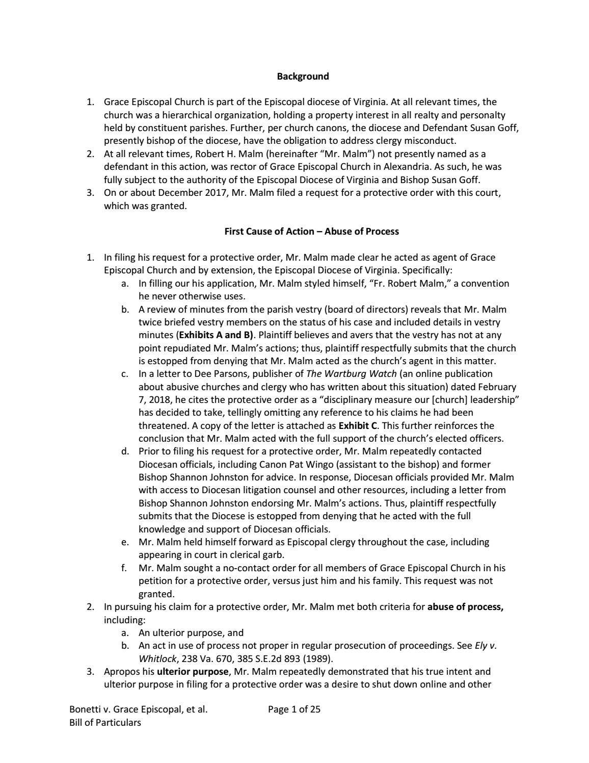 Bill of Particulars — Lawsuit Against Perjuring Priest Bob Malm by ...