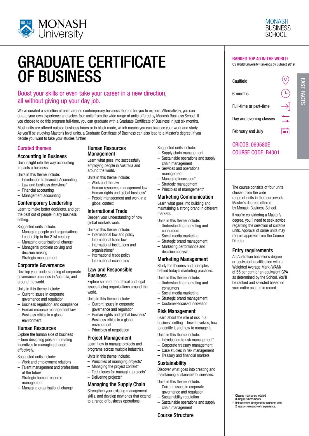 Graduate Certificate of Business - Fact sheet by Monash Business School ...