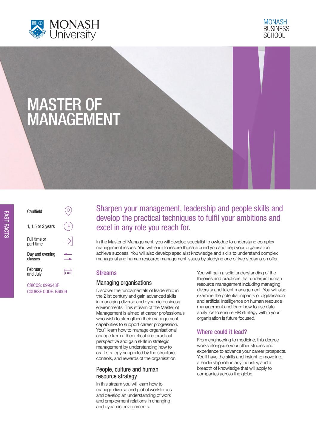 Master of Management - Fact sheet by Monash Business School - Monash ...