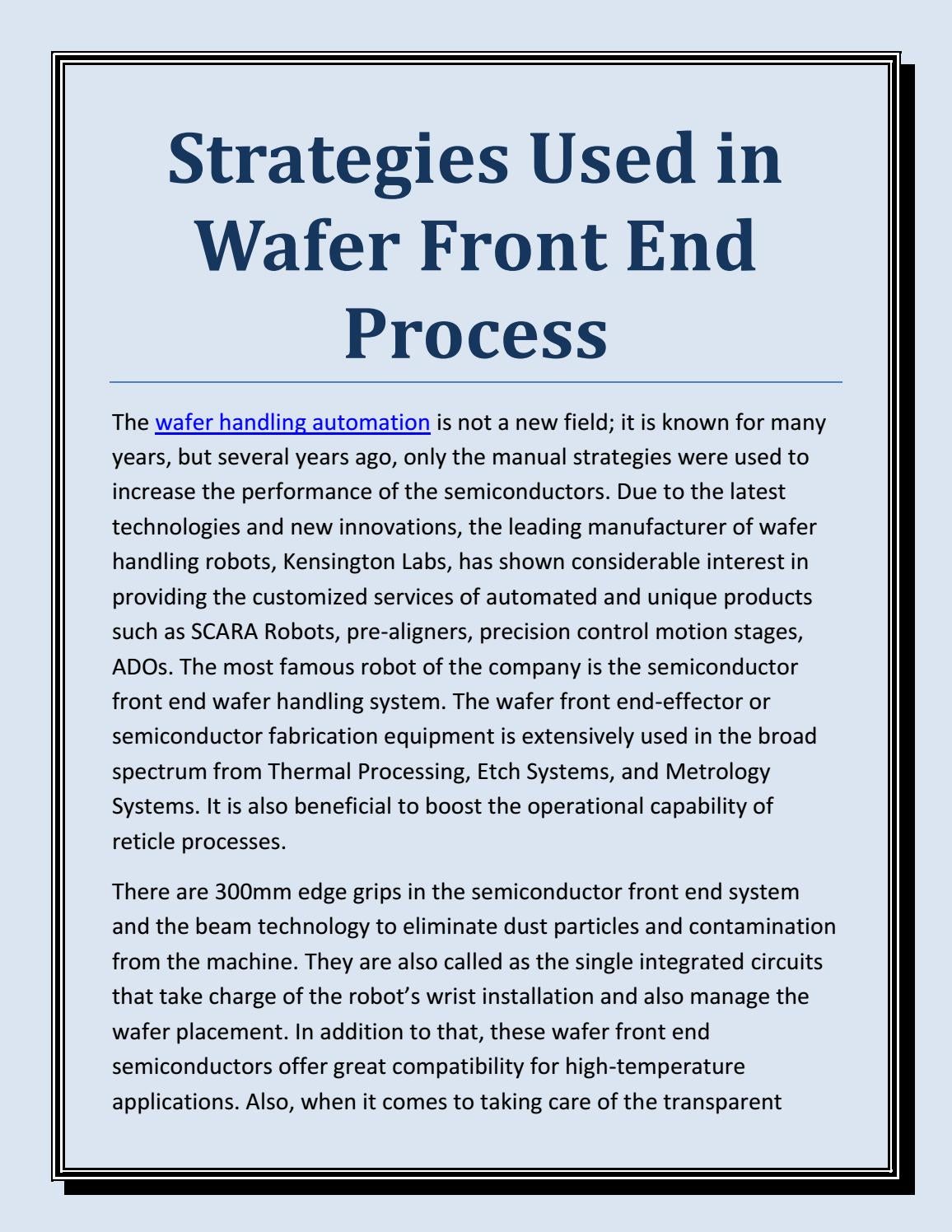 Strategies Used in Wafer Front End Process by Kensington Labs - Issuu
