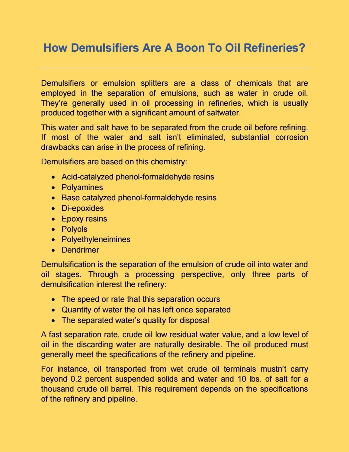 How Demulsifiers Are A Boon To Oil Refineries? by Govind Patel - Issuu