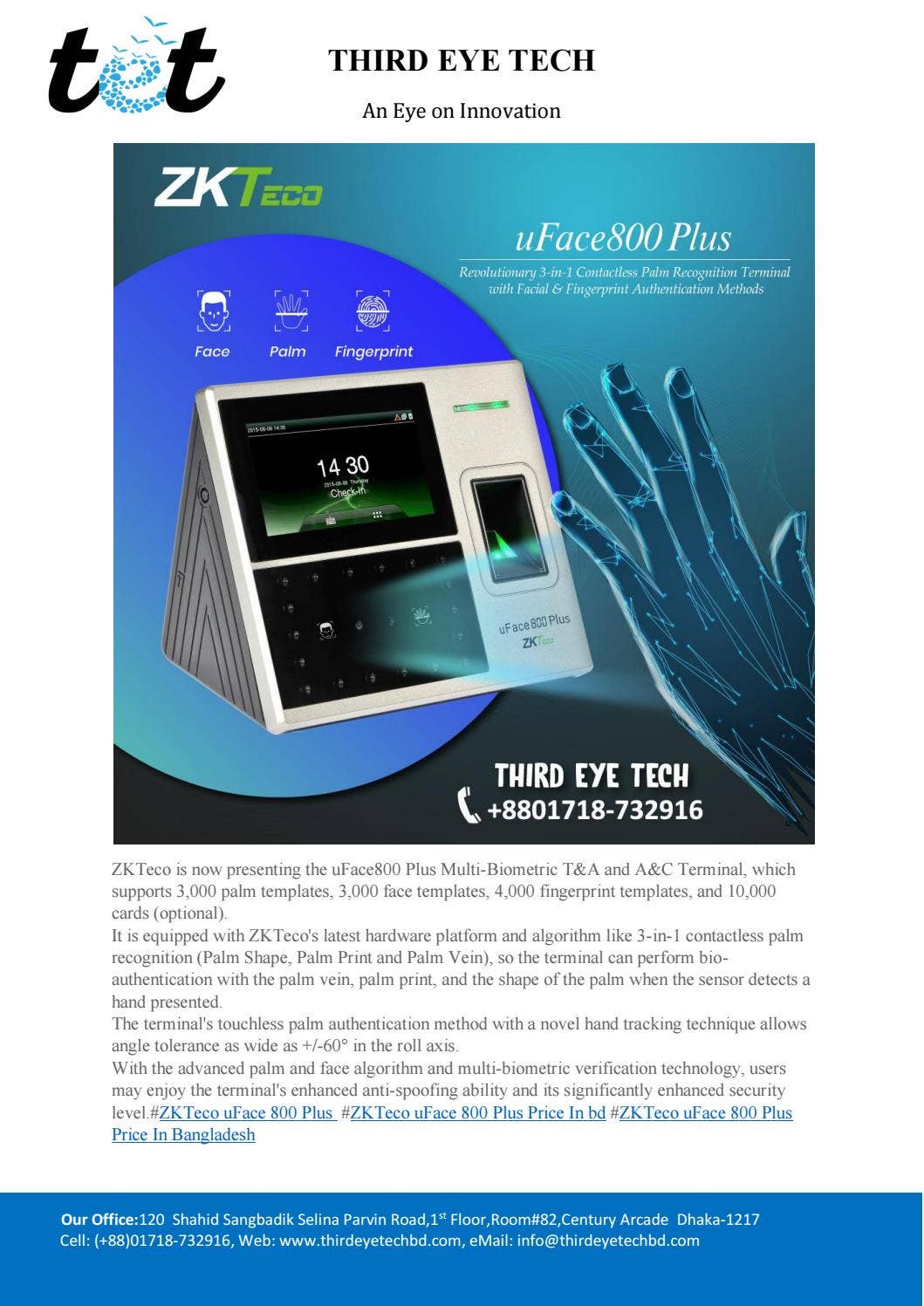 ZKTeco uFace 800 Plus Price In bd by Third Eye Tech - Issuu