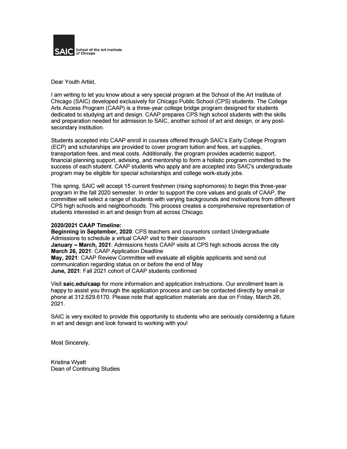 CAAP Artist Letter by School of the Art Institute of Chicago - Issuu