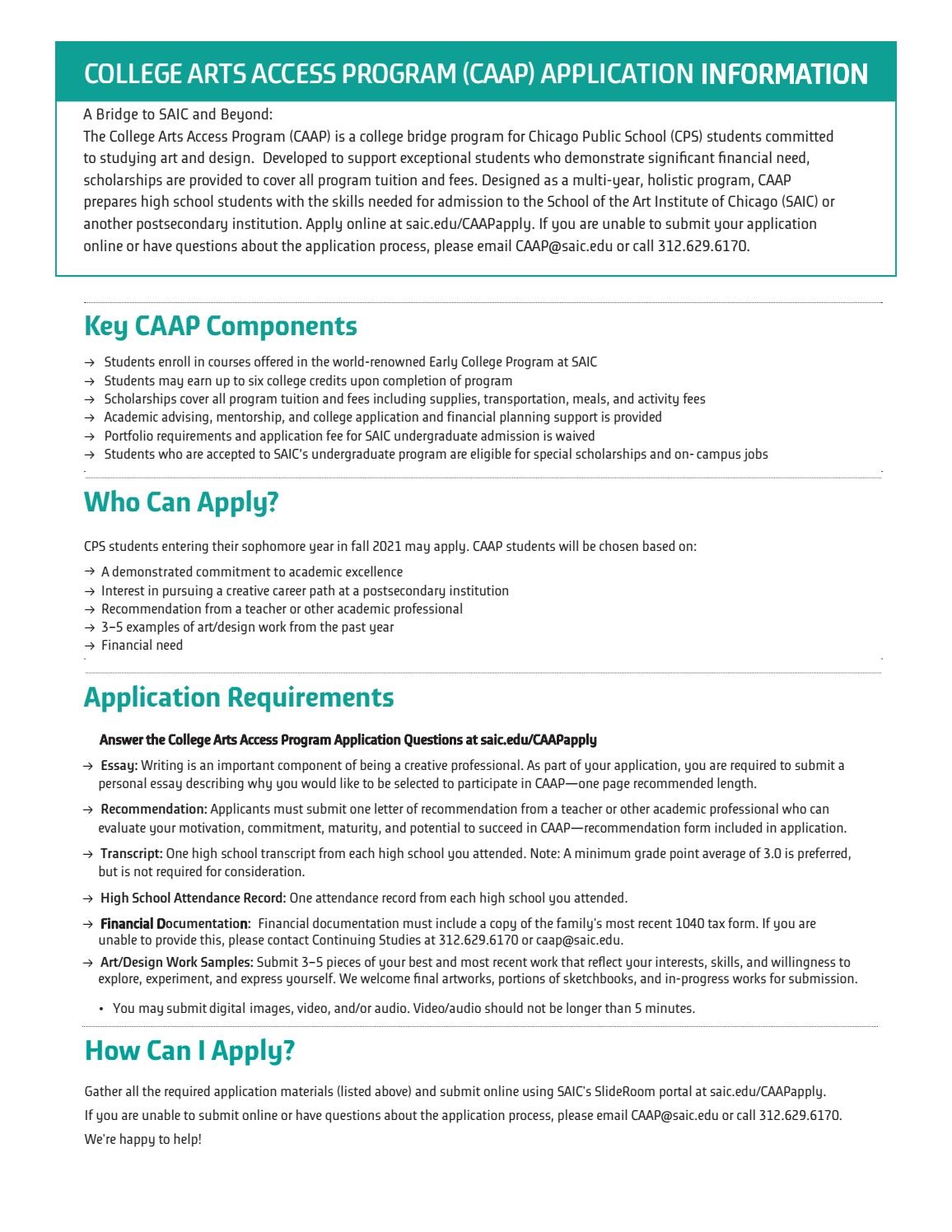SAIC College Arts Access Program (CAAP) Application Information by ...