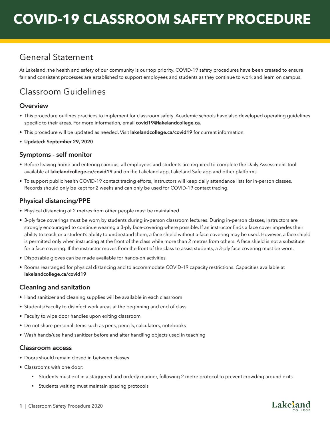 COVID-19 Classroom Safety Procedure - Update Sept 29 by Lakeland ...