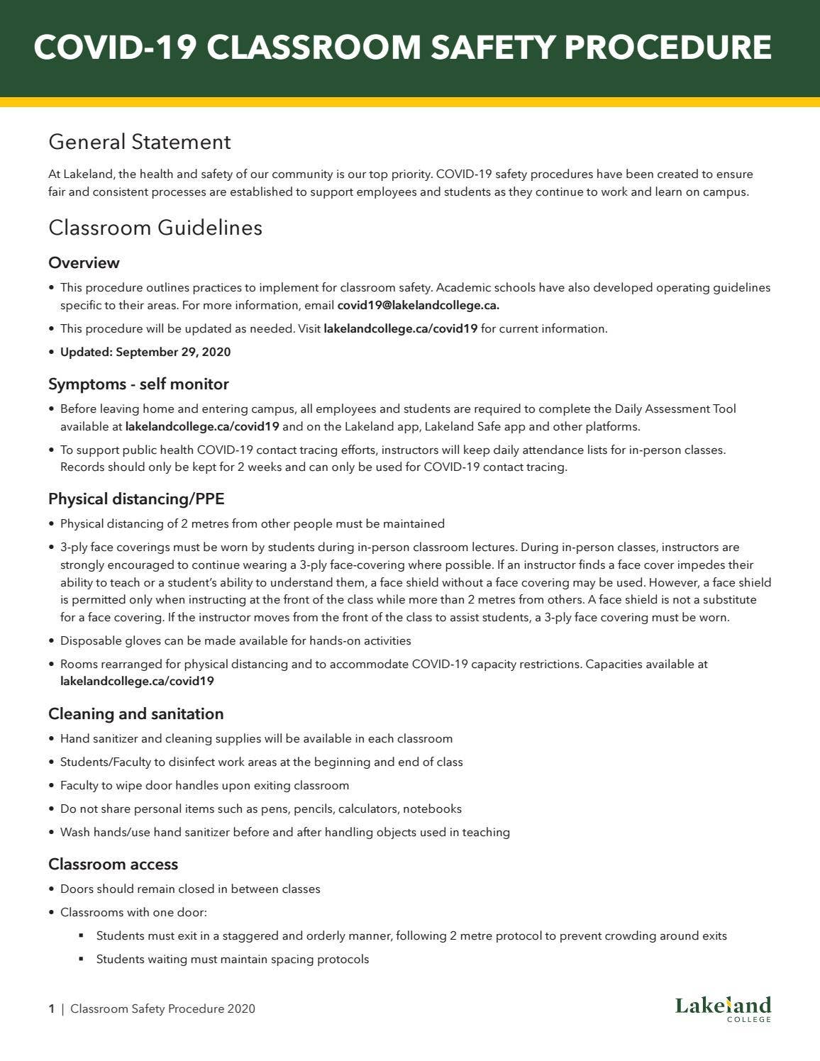 COVID-19 Classroom Safety Procedure - Update Sept 29 by Lakeland ...