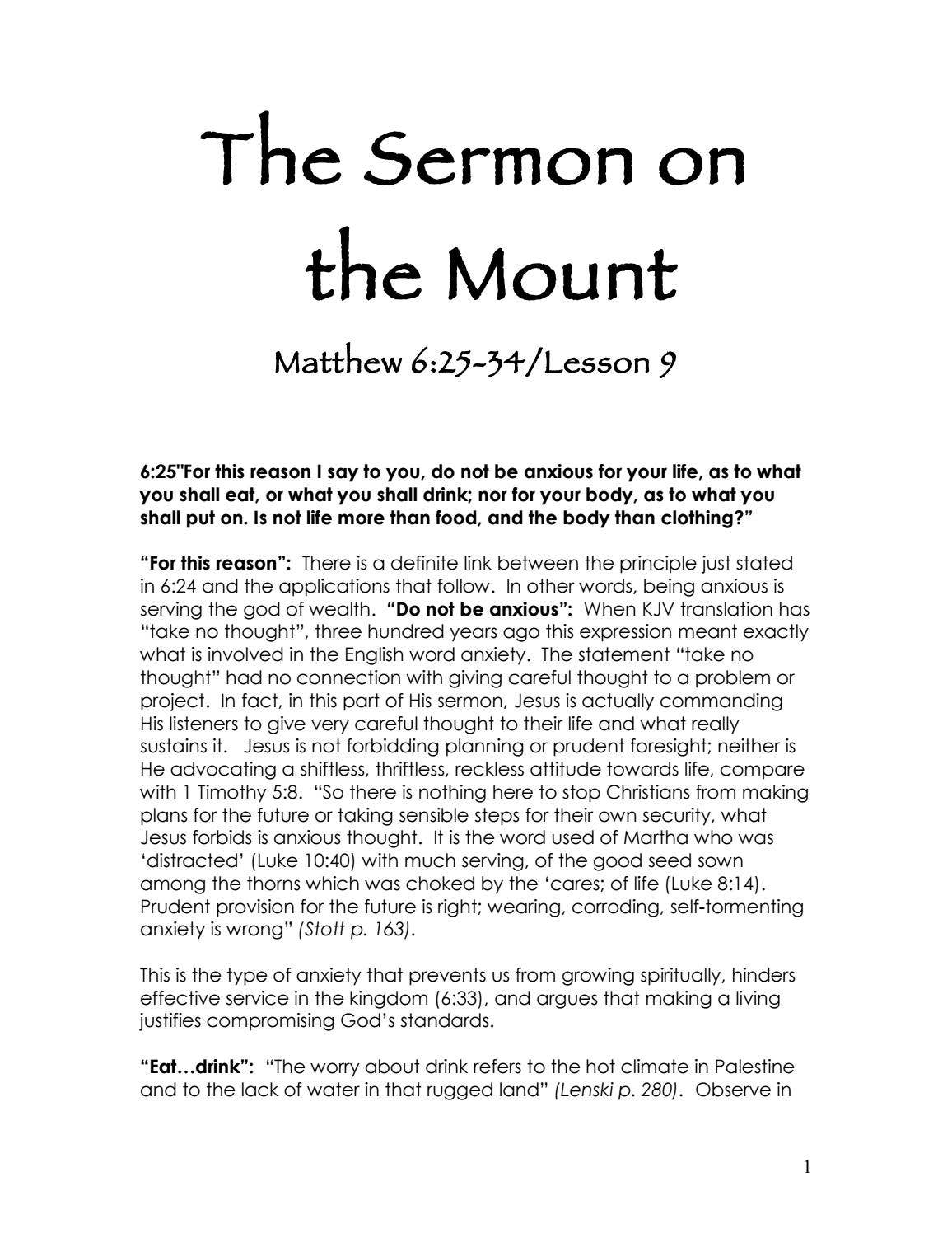 Sermon on the Mount/Matthew Chapters 6:25-34/Commentary by Mark Dunagan ...