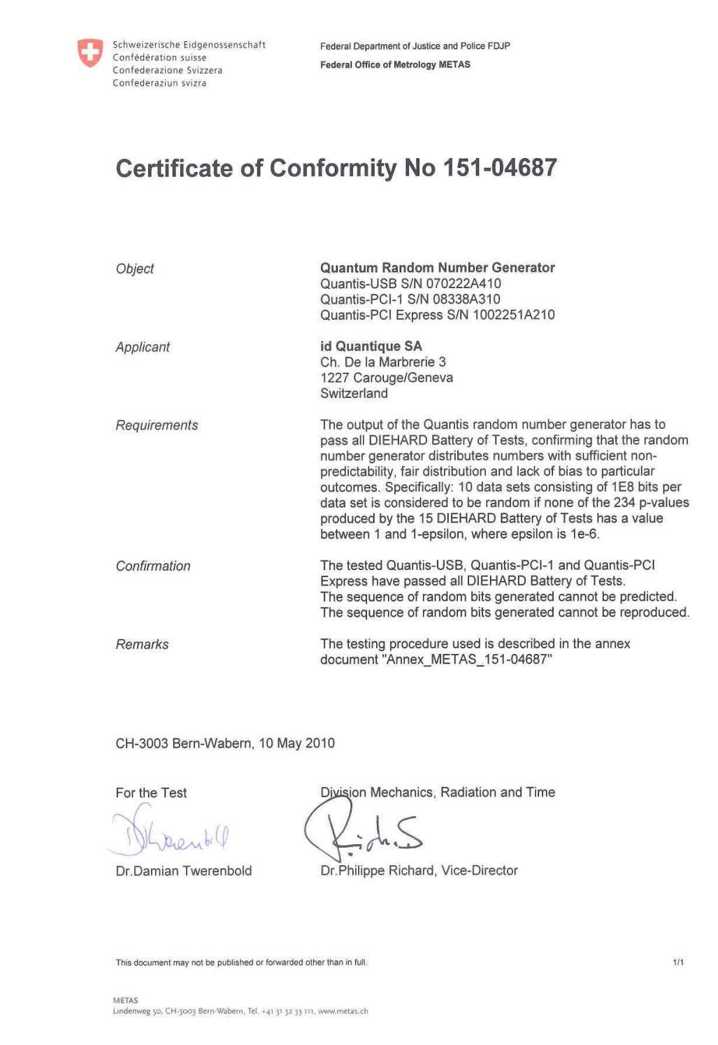 METAS Certificate of Conformity No 151-04687 by Cdr Trevor D Biscope ...