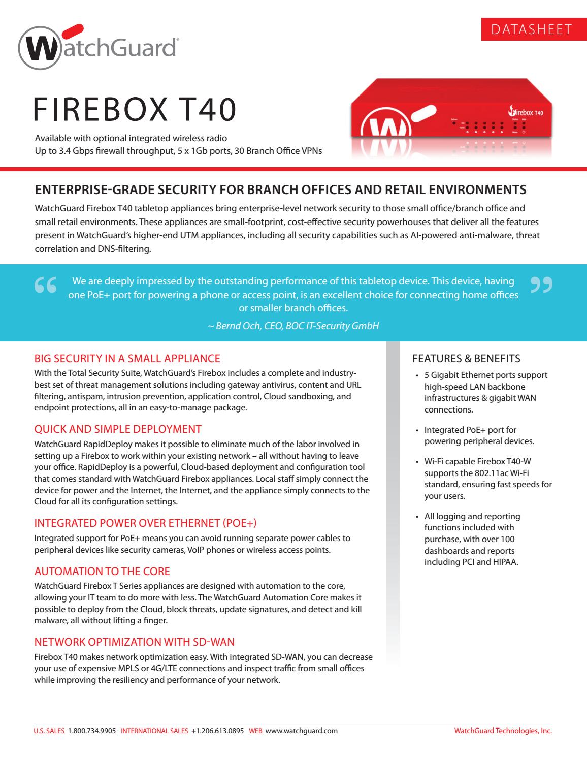 WatchGuard - Firebox T40 Datasheet by Optrics Engineering - Issuu