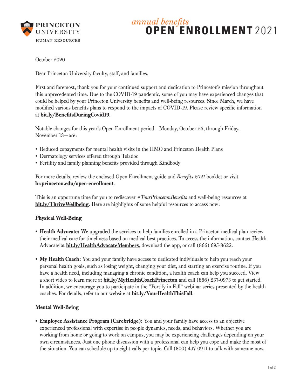 Open Enrollment Cover Letter 2021 By Princeton University Human 