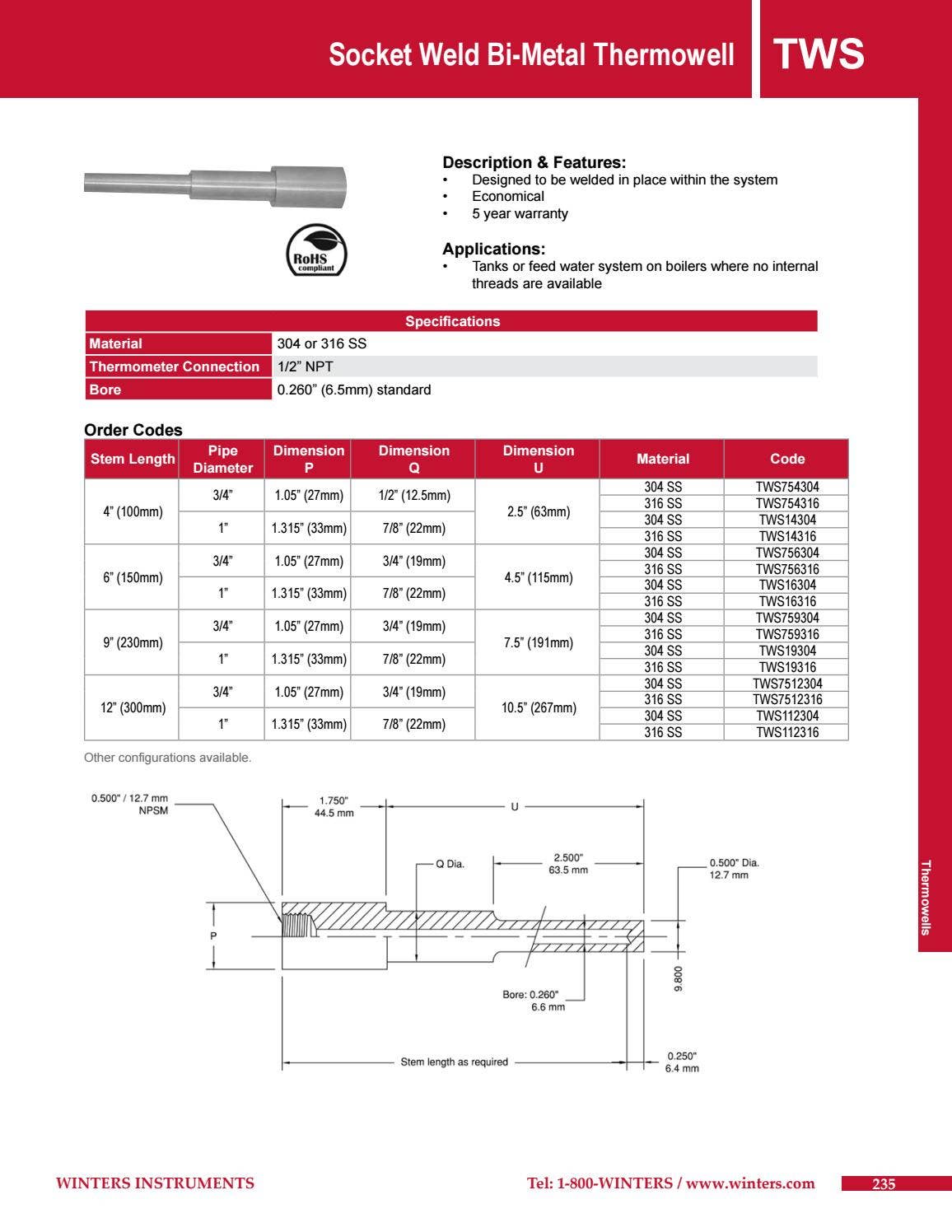 TWS Termopozo Bimetal con Zócalo Soldado - Winters Instruments ...