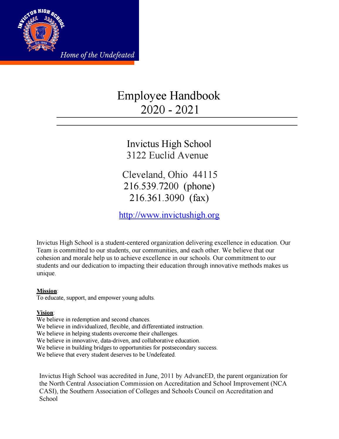 Invictus High School Employee Handbook 2020/2021 by InvictusHighSchool ...