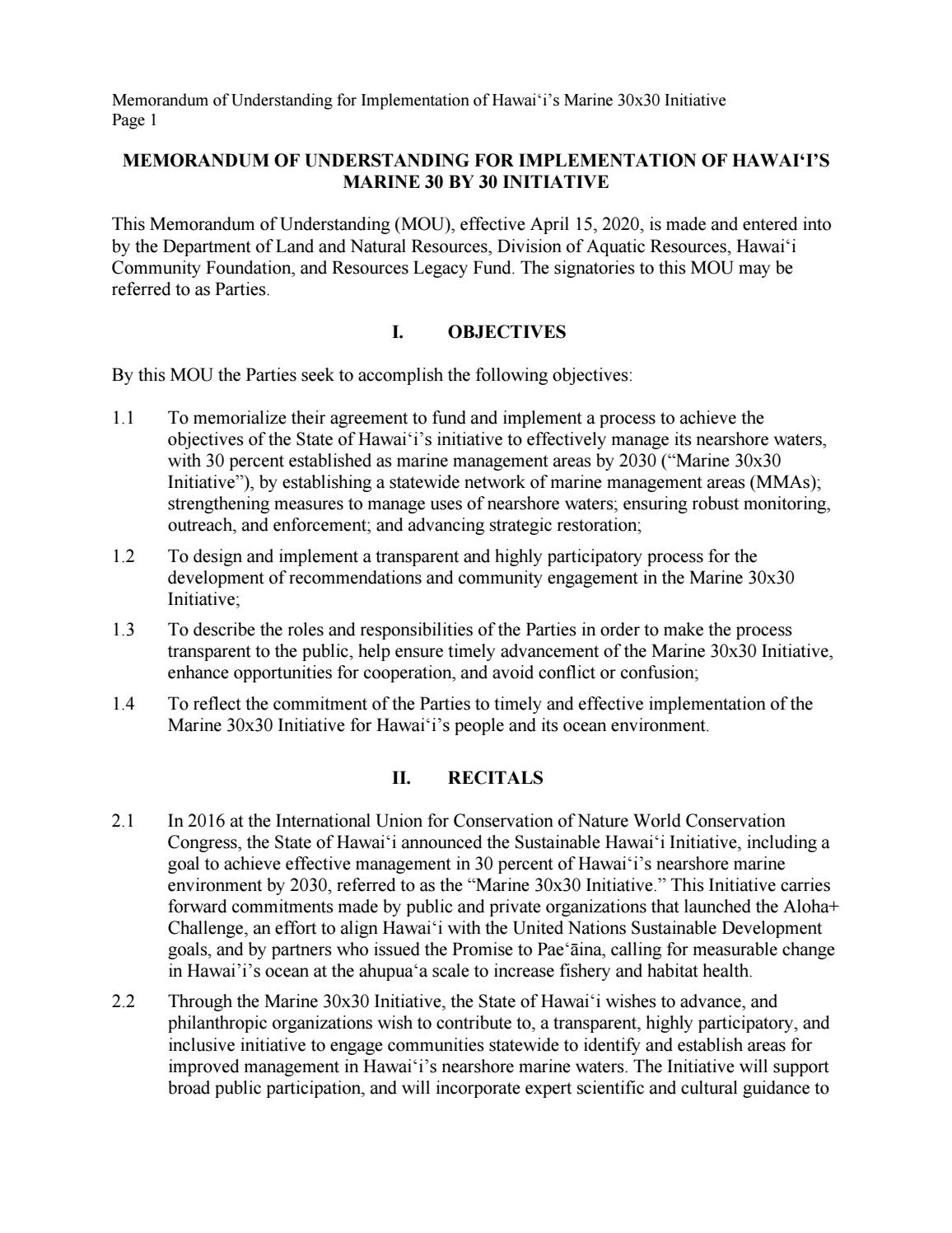 MEMORANDUM OF UNDERSTANDING FOR IMPLEMENTATION OF HAWAI‘I’S MARINE 30 ...