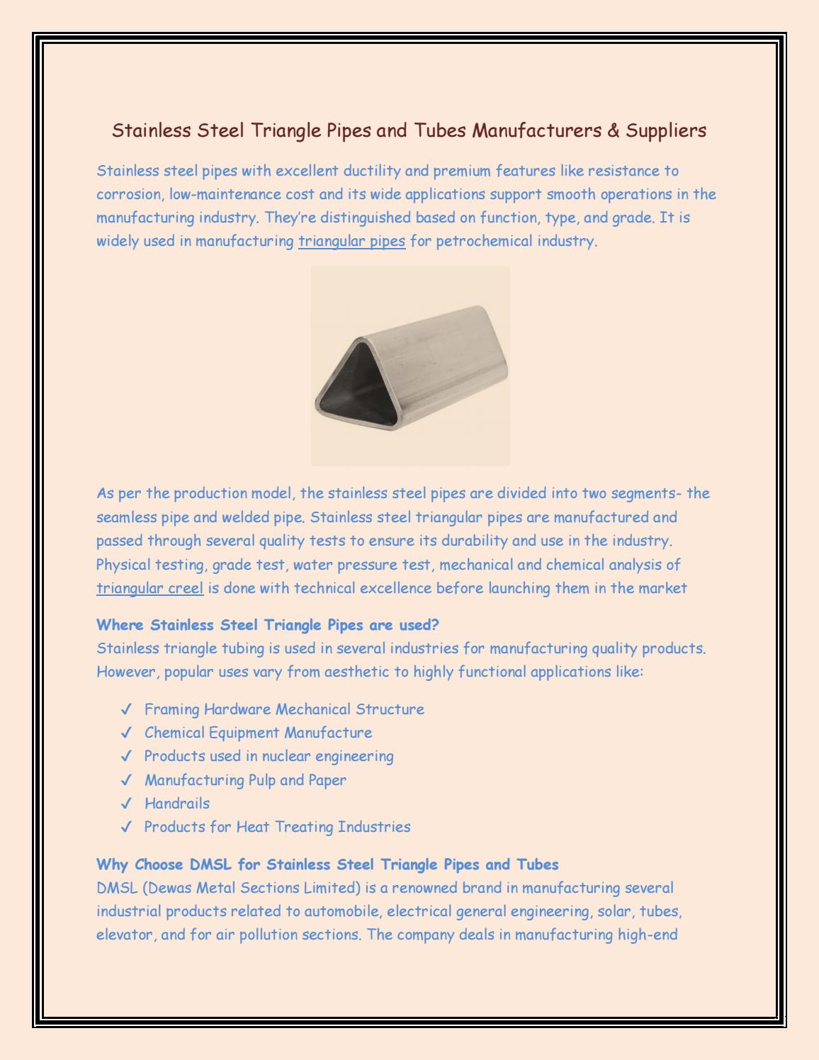 Stainless Steel Triangle Pipes and Tubes Manufacturers & Suppliers by ...