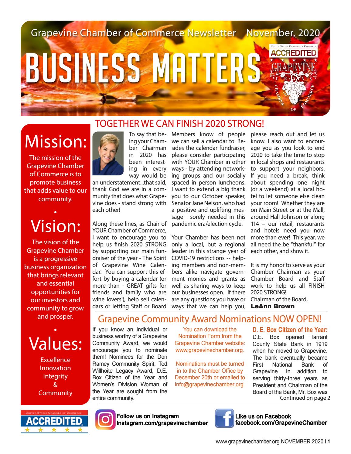 Grapevine Chamber November 2020 Newsletter by Grapevine Chamber of ...