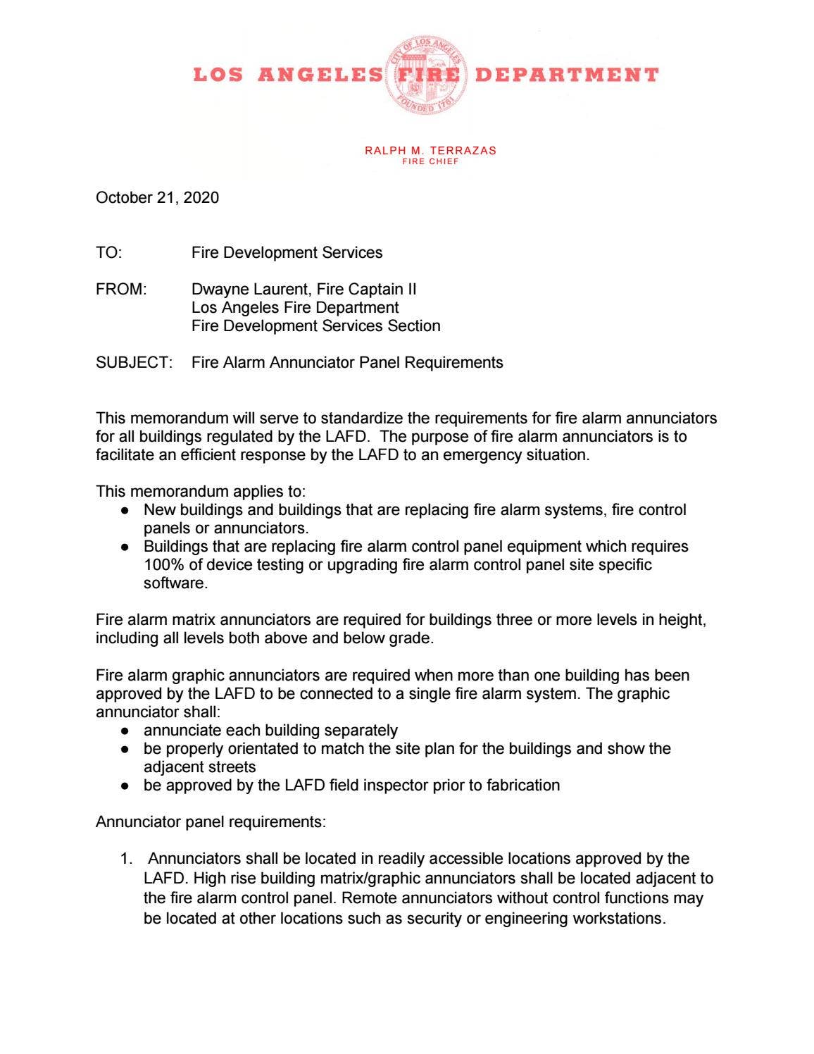 Fire Alarm Annunciator Panel Requirements by Los Angeles Fire ...