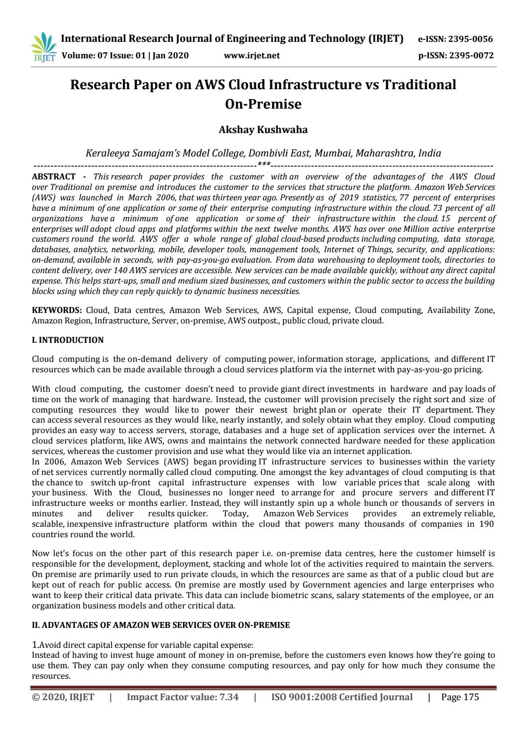 IRJET- Research Paper on AWS Cloud Infrastructure vs Traditional On ...