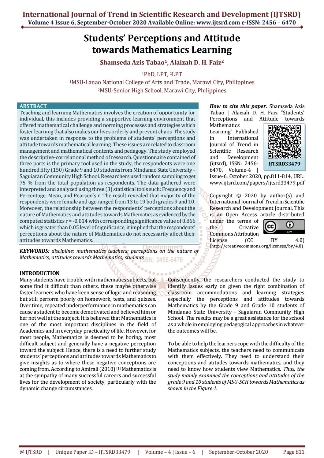 Students Perceptions And Attitude Towards Mathematics Learning By