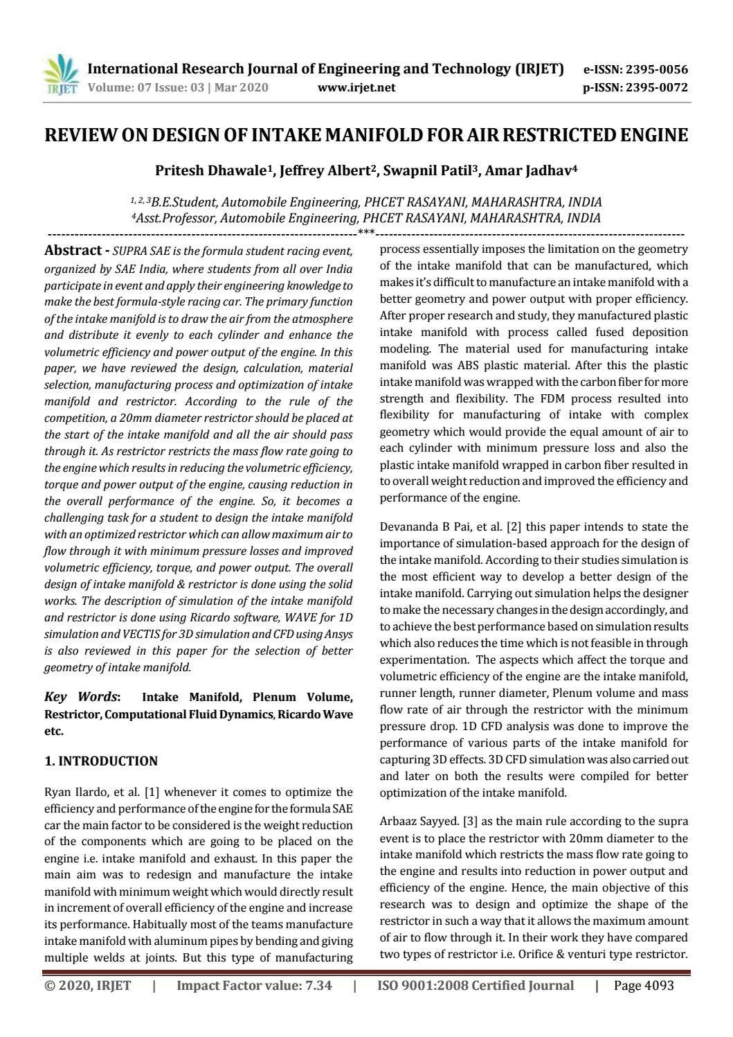 IRJET- Review on Design of Intake Manifold for Air Restricted Engine by ...