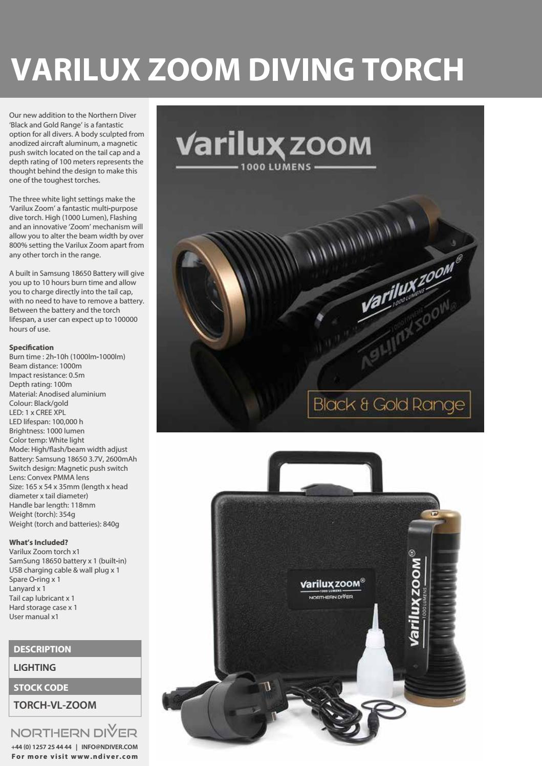 Varilux Zoom 1000 Lumen Rechargeable Dive Torch by Northern Diver UK ...