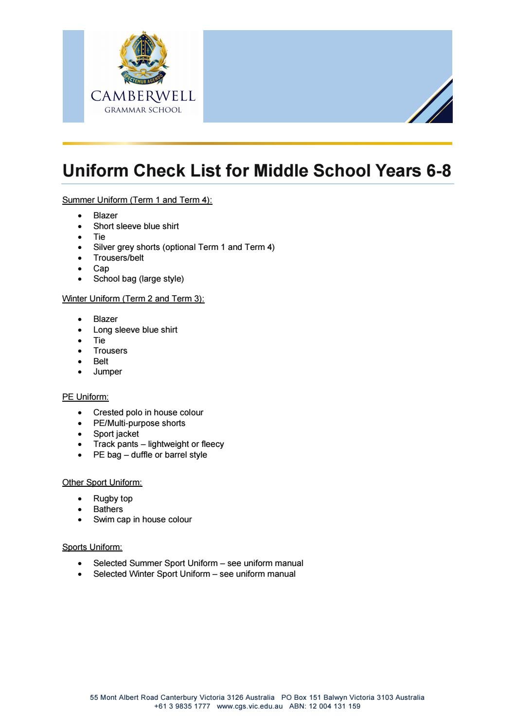 PLUS Uniform Check List Middle School Years 6 - 8 by Camberwell Grammar ...
