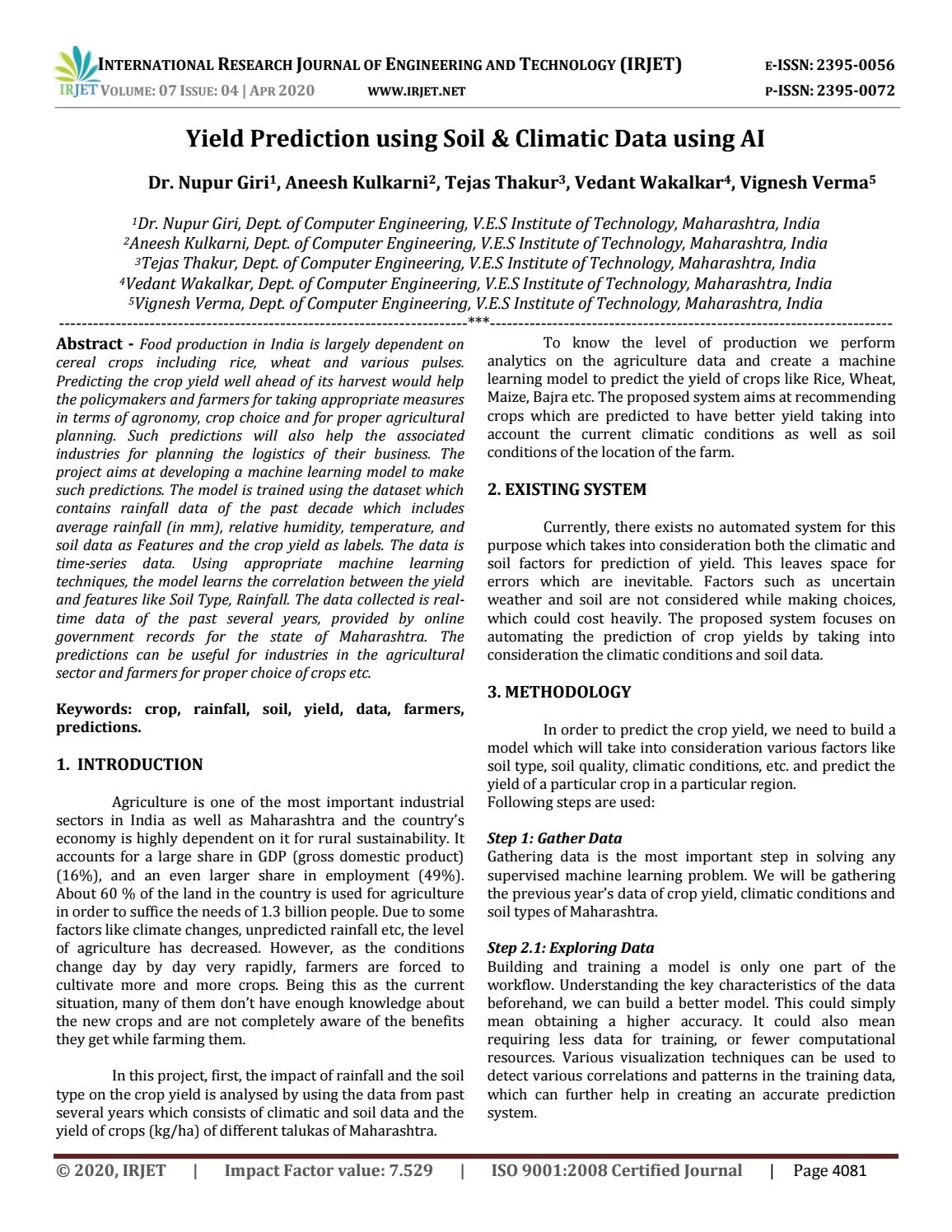 IRJET- Yield Prediction using Soil & Climatic Data using AI by IRJET ...