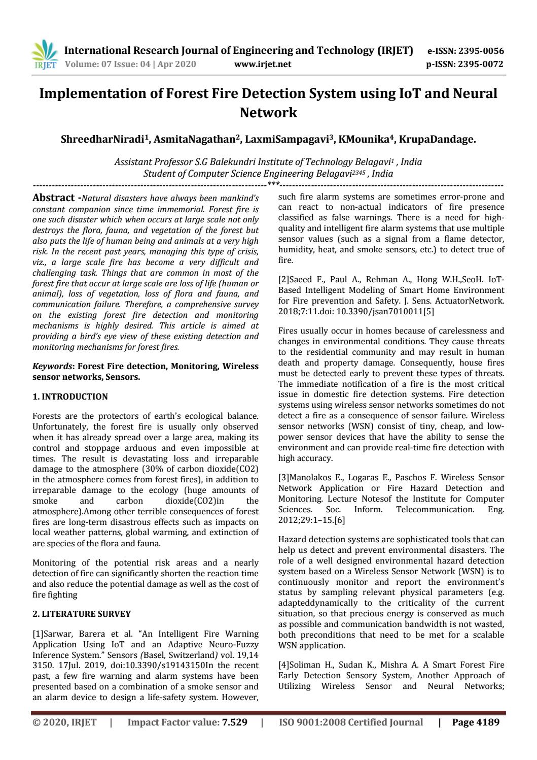 IRJET- Implementation of Forest Fire Detection System using IoT and ...