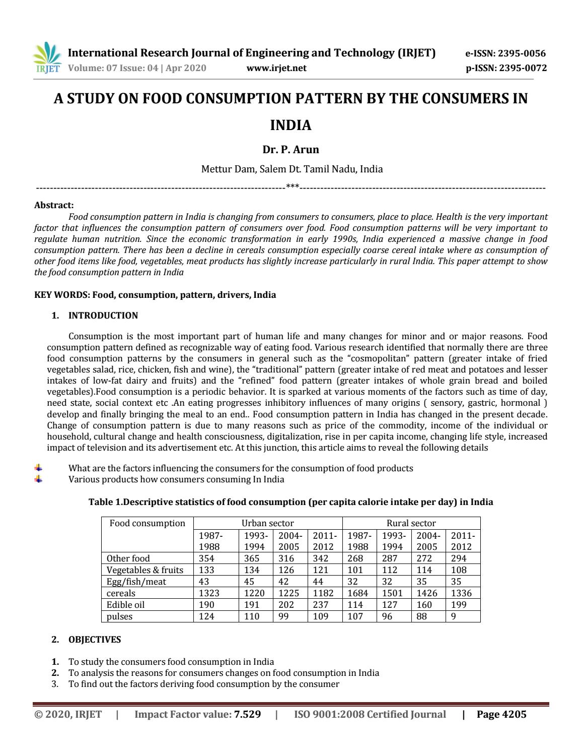 IRJET- A Study on Food Consumption Pattern by the Consumers in India by IRJET Journal - Issuu