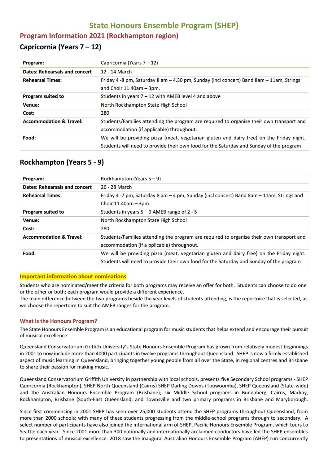 State Honours Ensemble Program (SHEP) Program Information 2021 ...