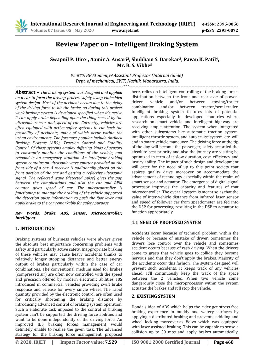 IRJET- Review Paper on – Intelligent Braking System by IRJET Journal ...