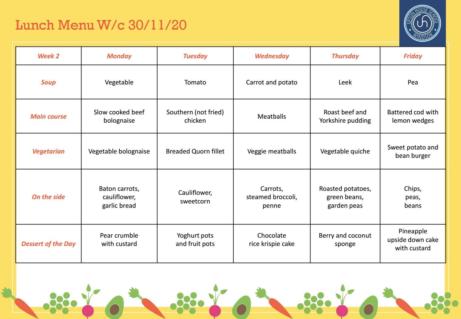 Lunch Menu W/c 30/11/20 by Upton House School - Issuu