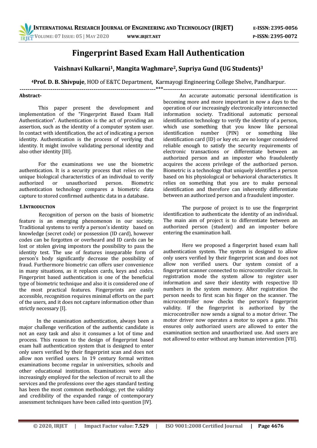 IRJET- Fingerprint based Exam Hall Authentication by IRJET Journal - Issuu