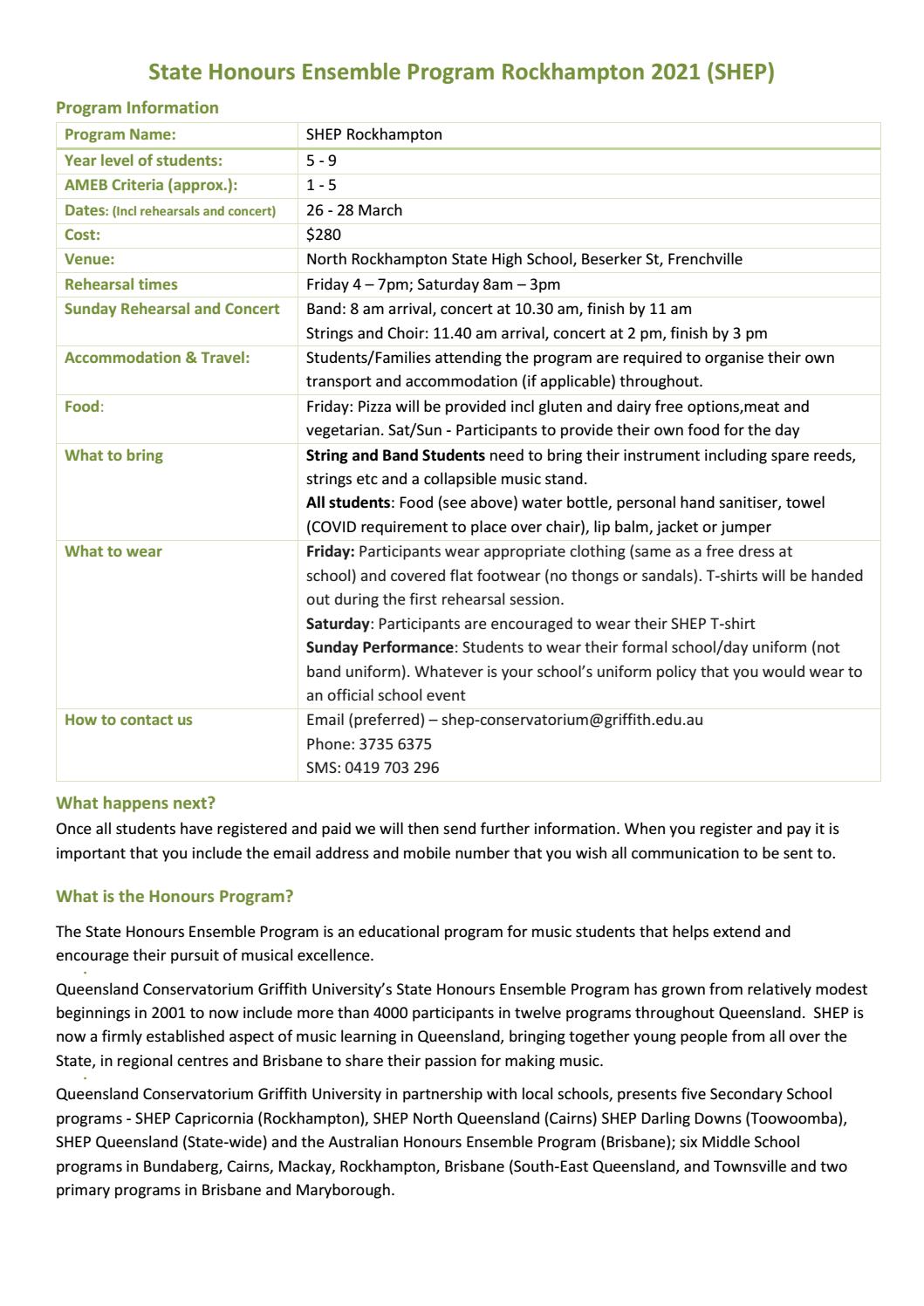 State Honours Ensemble Program Rockhampton 2021 (SHEP) by Queensland ...