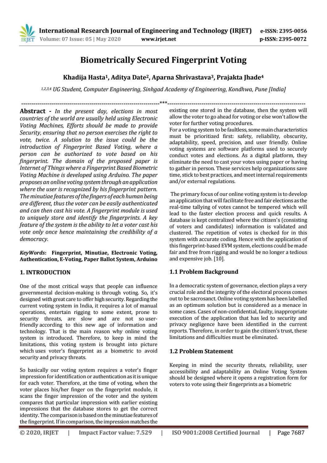IRJET- Biometrically Secured Fingerprint Voting by IRJET Journal - Issuu