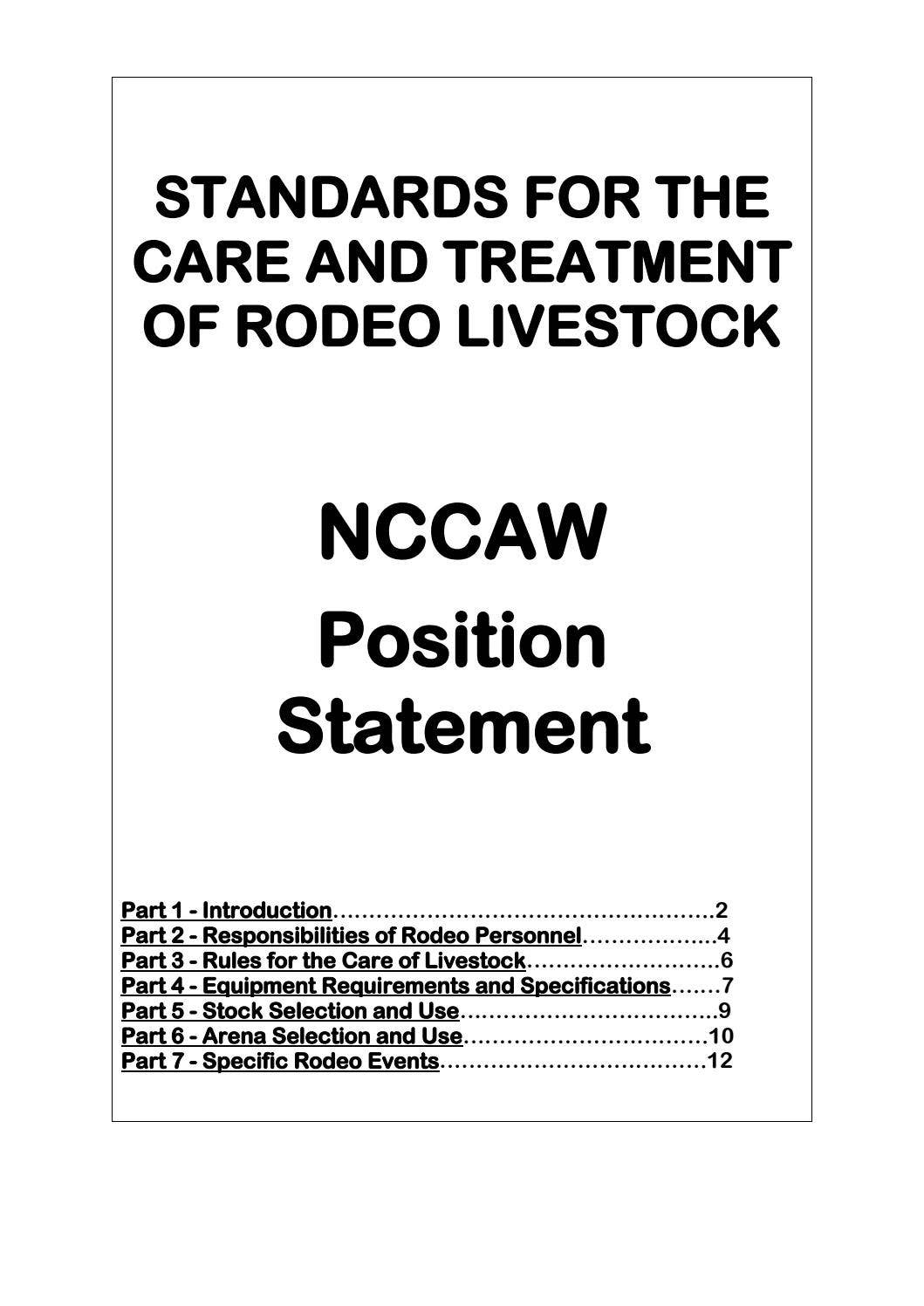 Standards for the care and treatment of rodeo livestock NCCAW Position ...