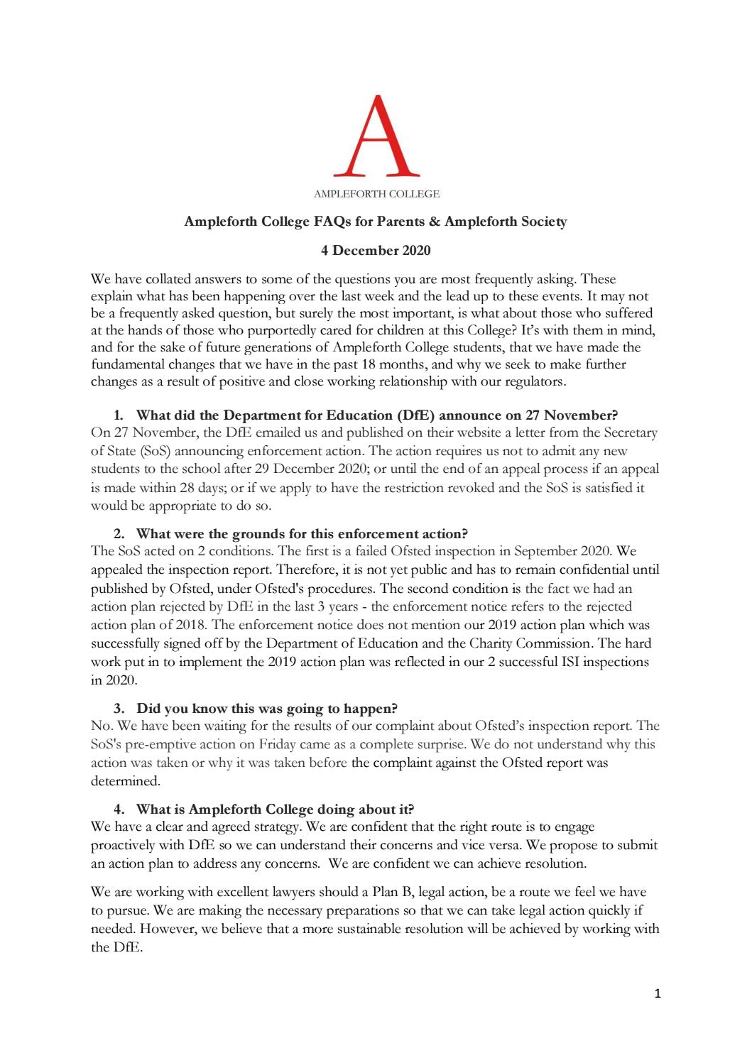 Ampleforth College FAQs December 2020 by ampleforthcollege - Issuu