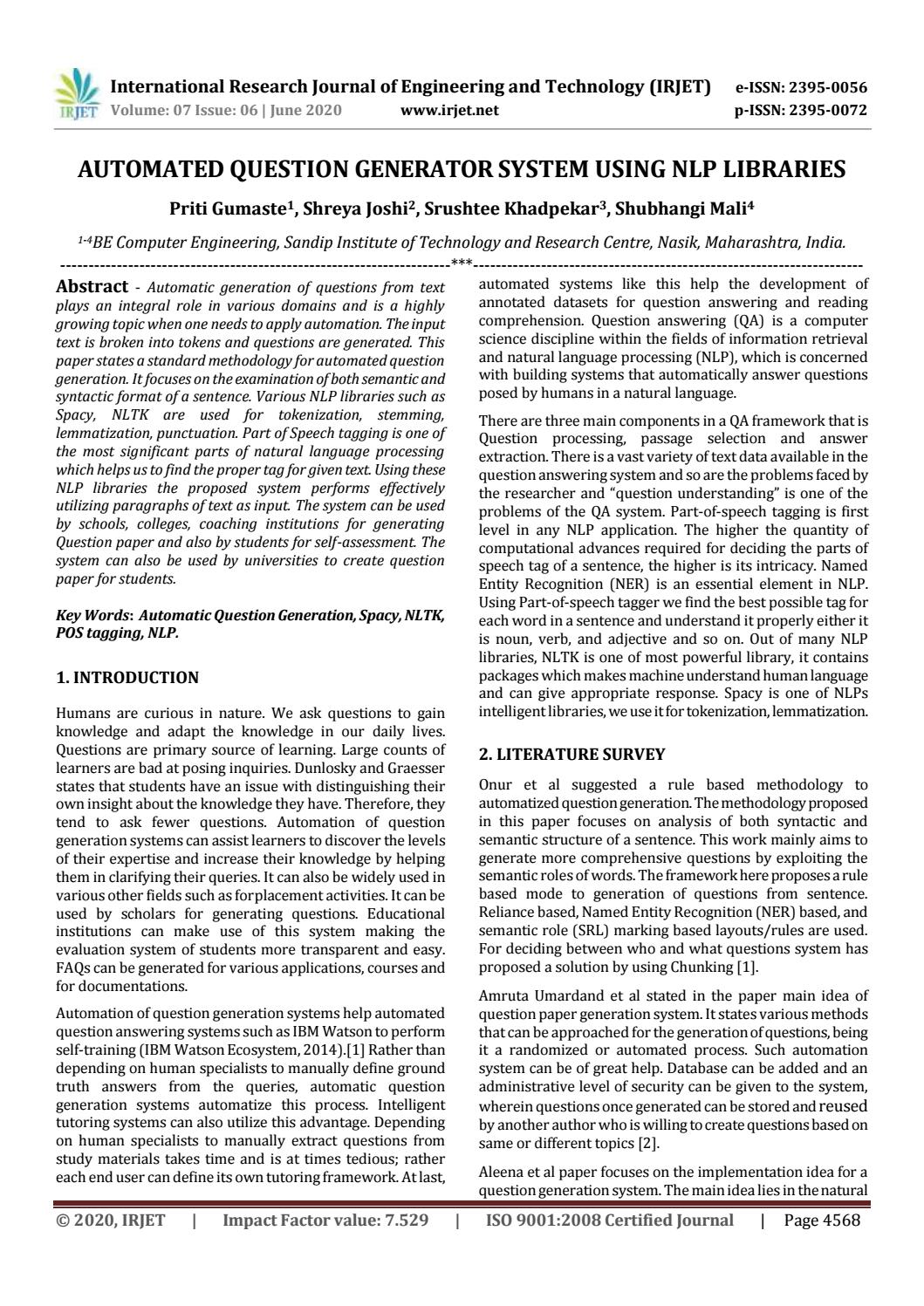 IRJET- Automated Question Generator System using NLP Libraries by IRJET ...