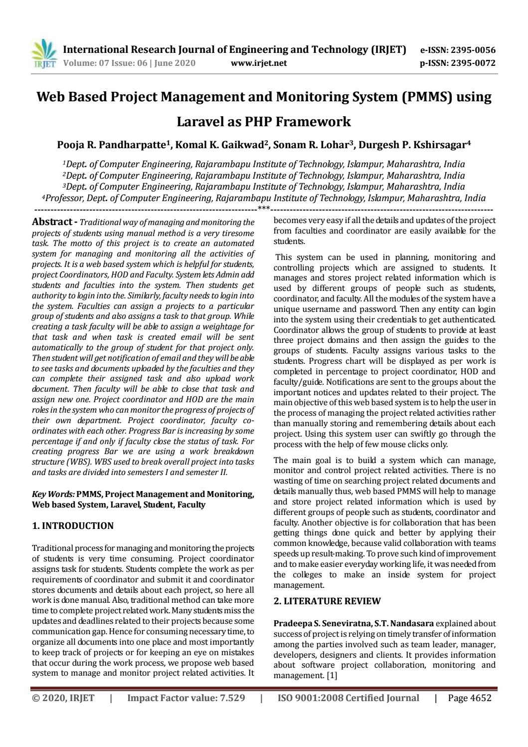 IRJET- Web based Project Management and Monitoring System (PMMS) using ...