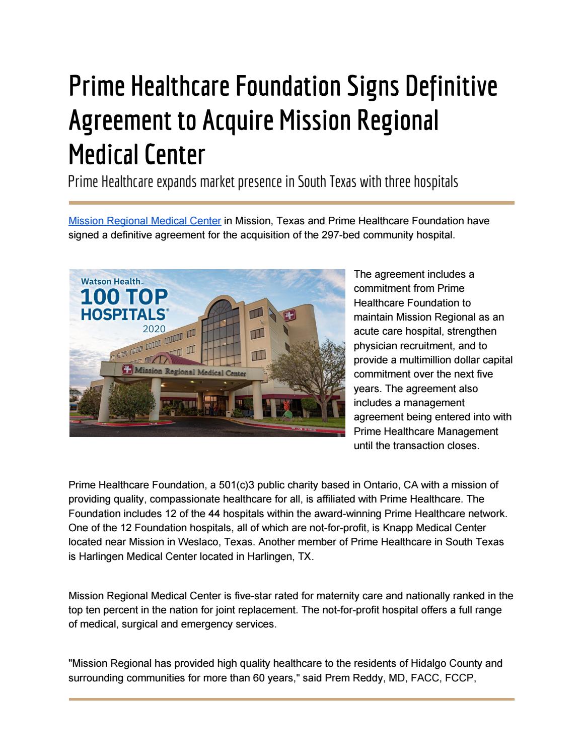 Prime Healthcare Foundation Signs Definitive Agreement to Acquire Mission Regional Medical ...