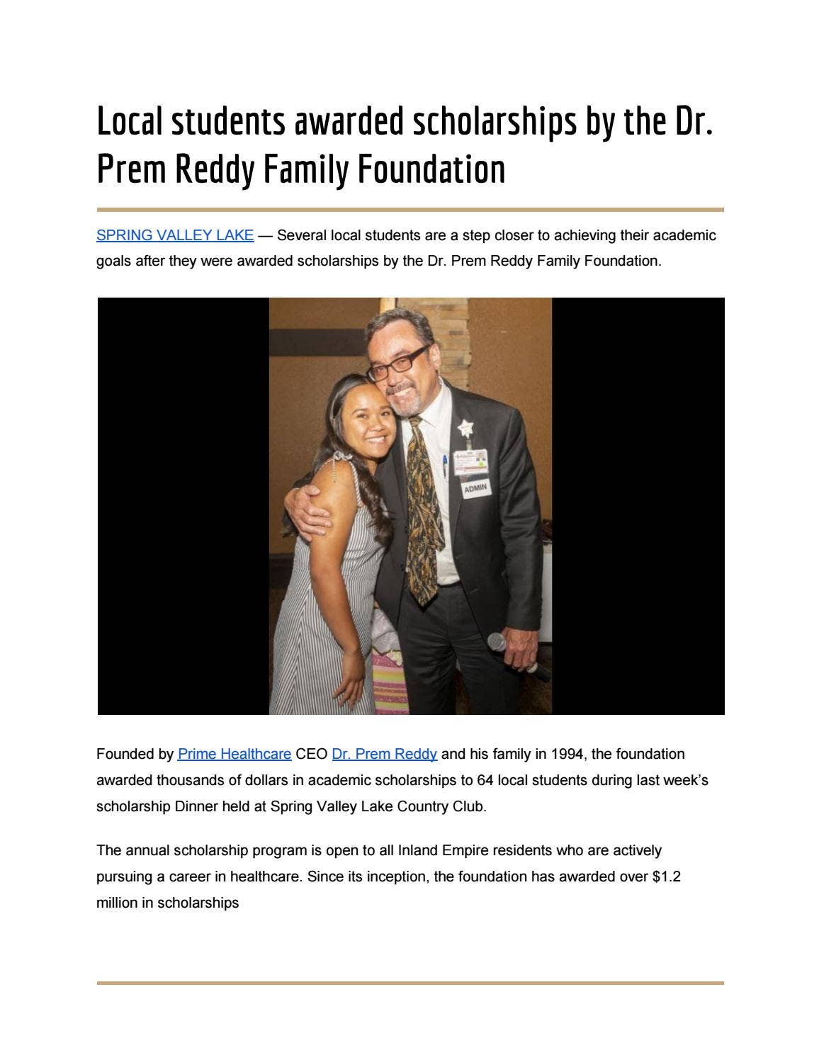 Local students awarded scholarships by the Dr. Prem Reddy Family ...