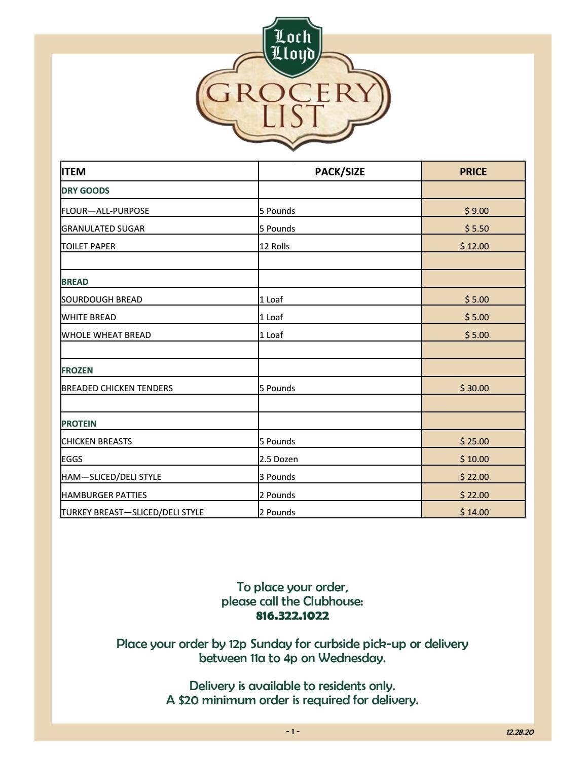Groceries & More List for The Country Club at Loch Lloyd - January 2021 ...