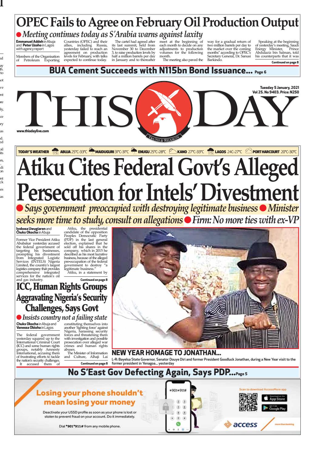 TUESDAY 5TH JANUARY 2021 by THISDAY Newspapers Ltd - Issuu