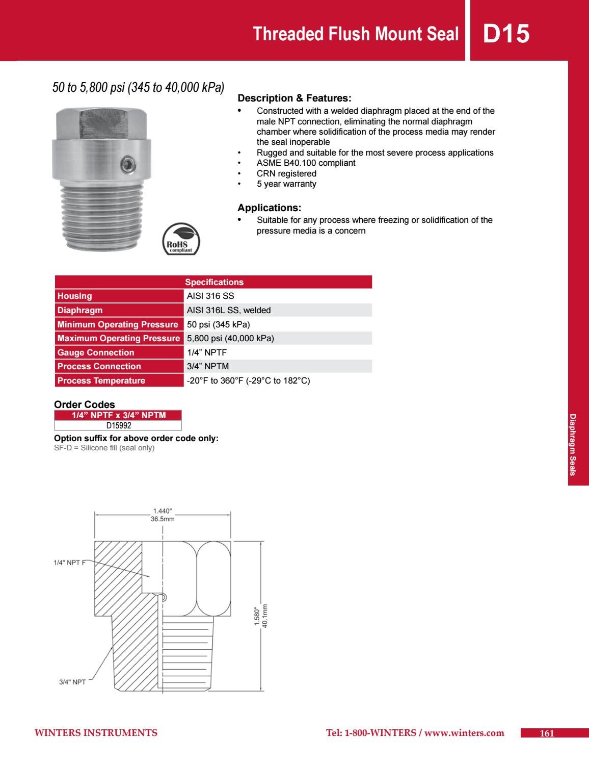 D15 #15 Diaphragm Seal - Winters Instruments - https://xwesupply.com ...